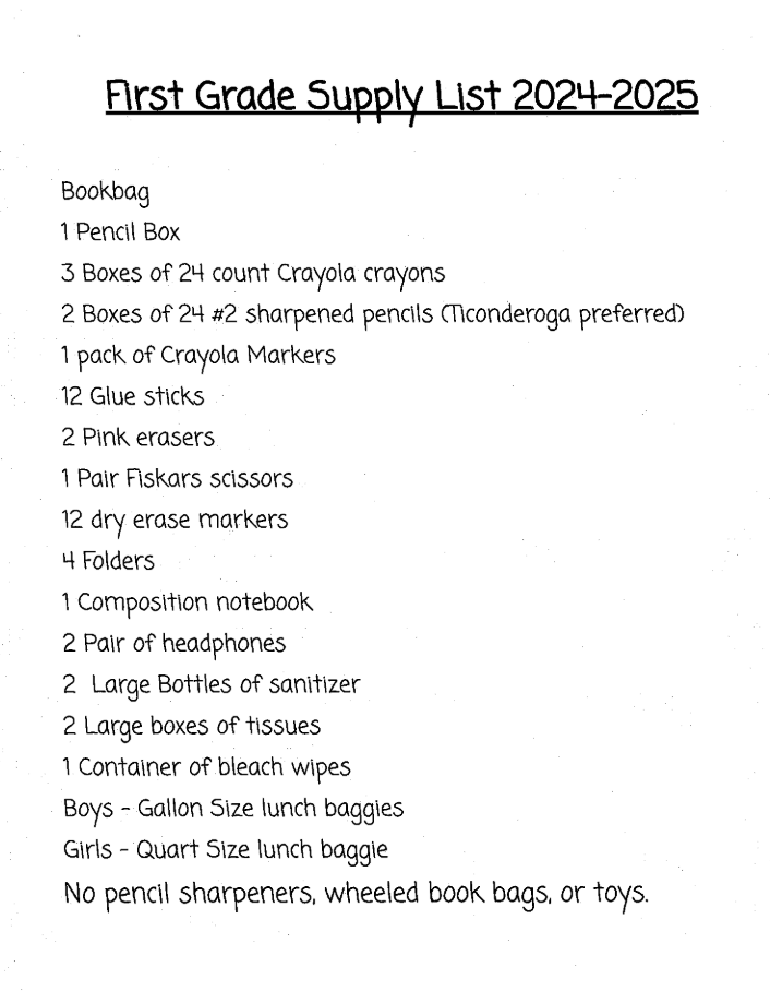 School Supply Lists / 1st Grade