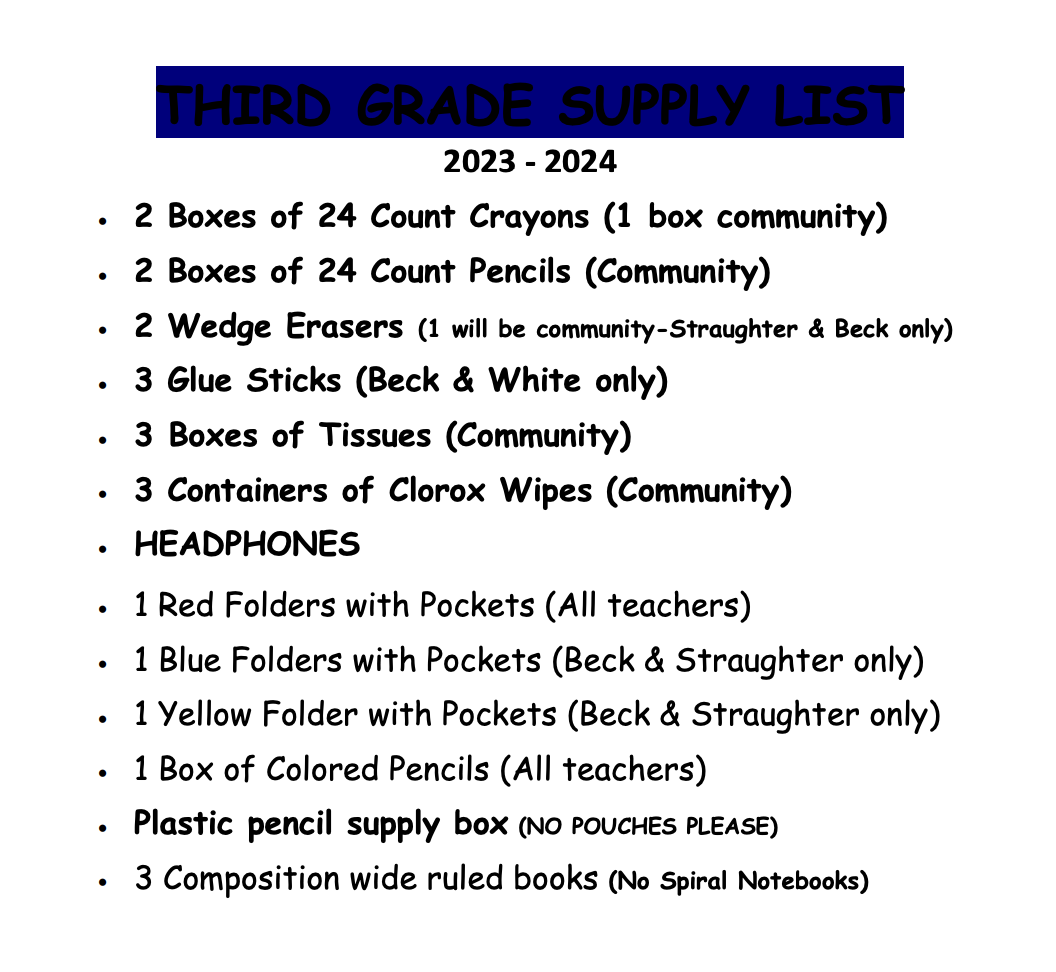 School Supply Lists / 3rd Grade